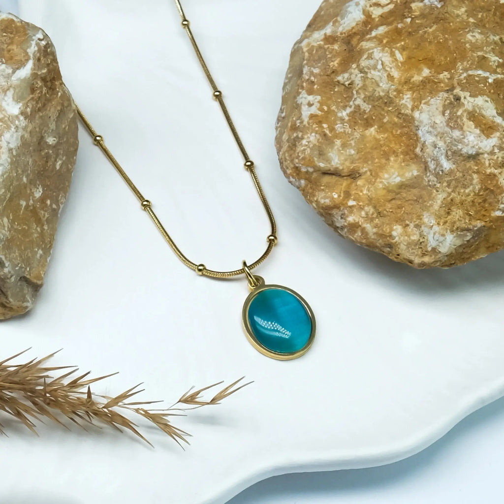 14 AYAR ALTIN KAPLAMA FİRUZE TAŞLI OVAL KOLYE – Babil Takı